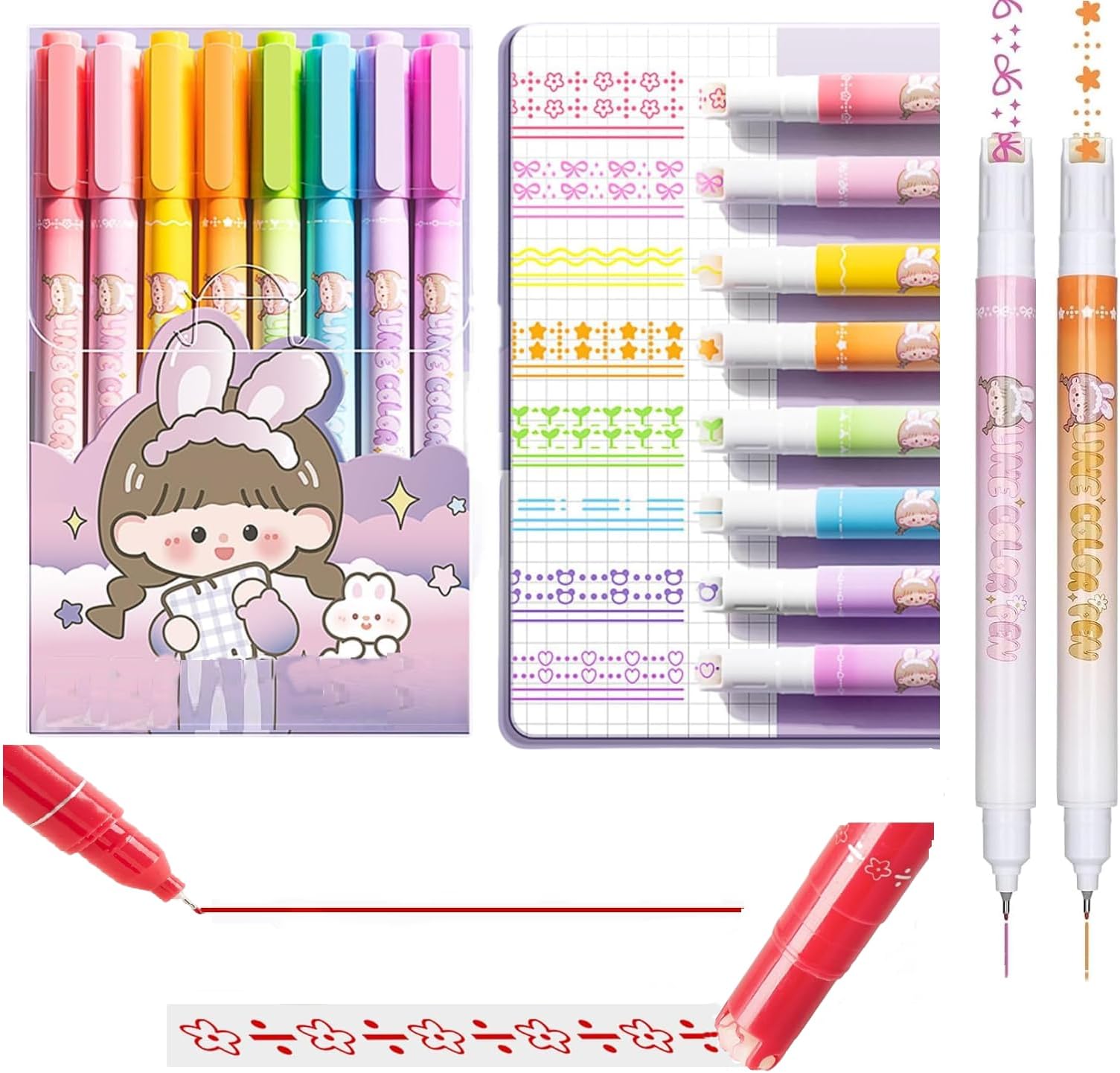 SUPER TOY 8Pcs Cute Colored Curve Pens, Dual Tip Pens with 8 Different ...