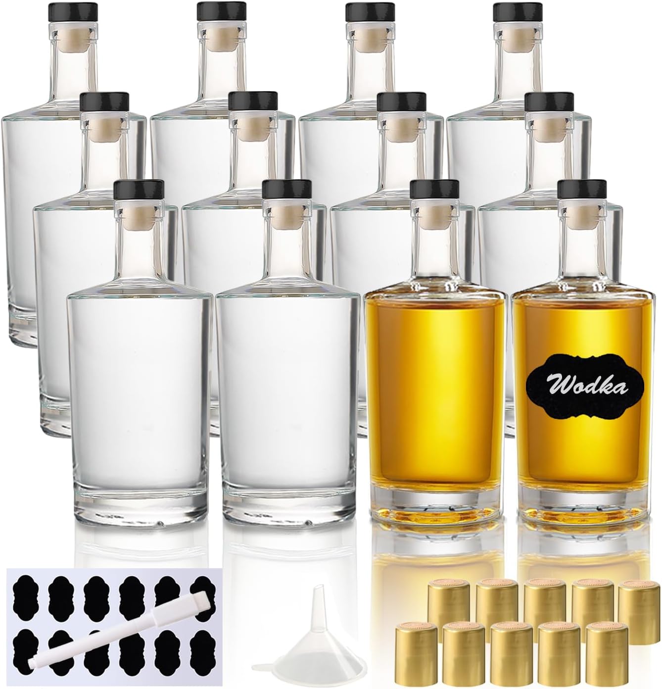 BPFY 12 Pack 3oz (100ml) Glass Liquor Bottles with T-Top Black Caps and ...