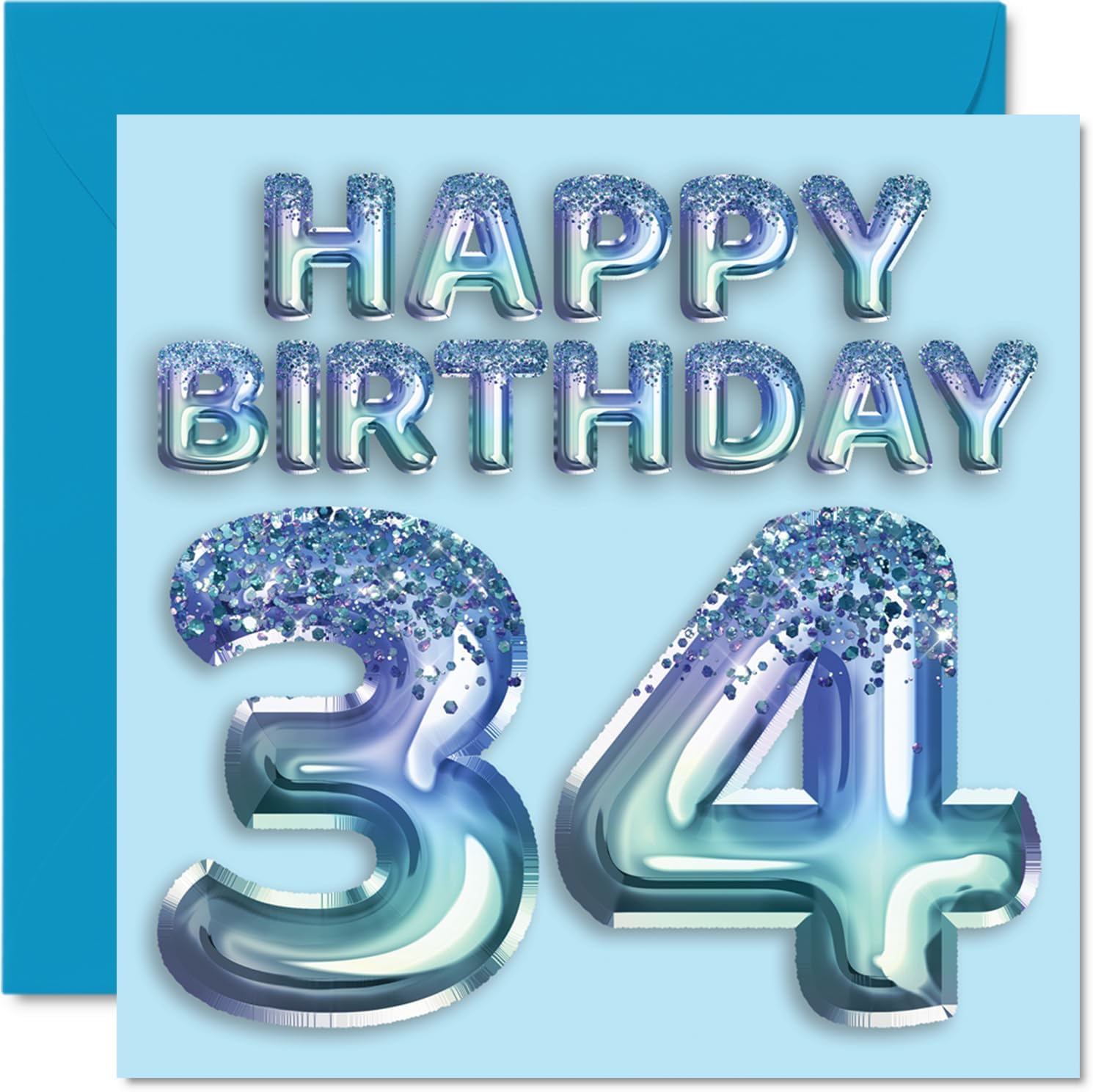 34th Birthday Card for Men - Blue Glitter Party Balloon - Happy ...