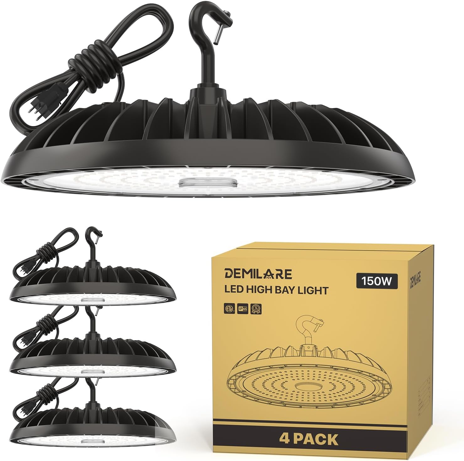 DEMILARE 150W 4 Pack LED High Bay Light, 5000K, 22500 lm, IP65 ...