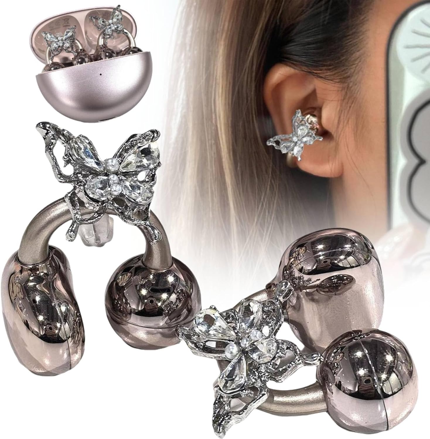 Amazon.com: Butterfly Rhinestone for Clip on Earbuds Open Ear, Elegant ...