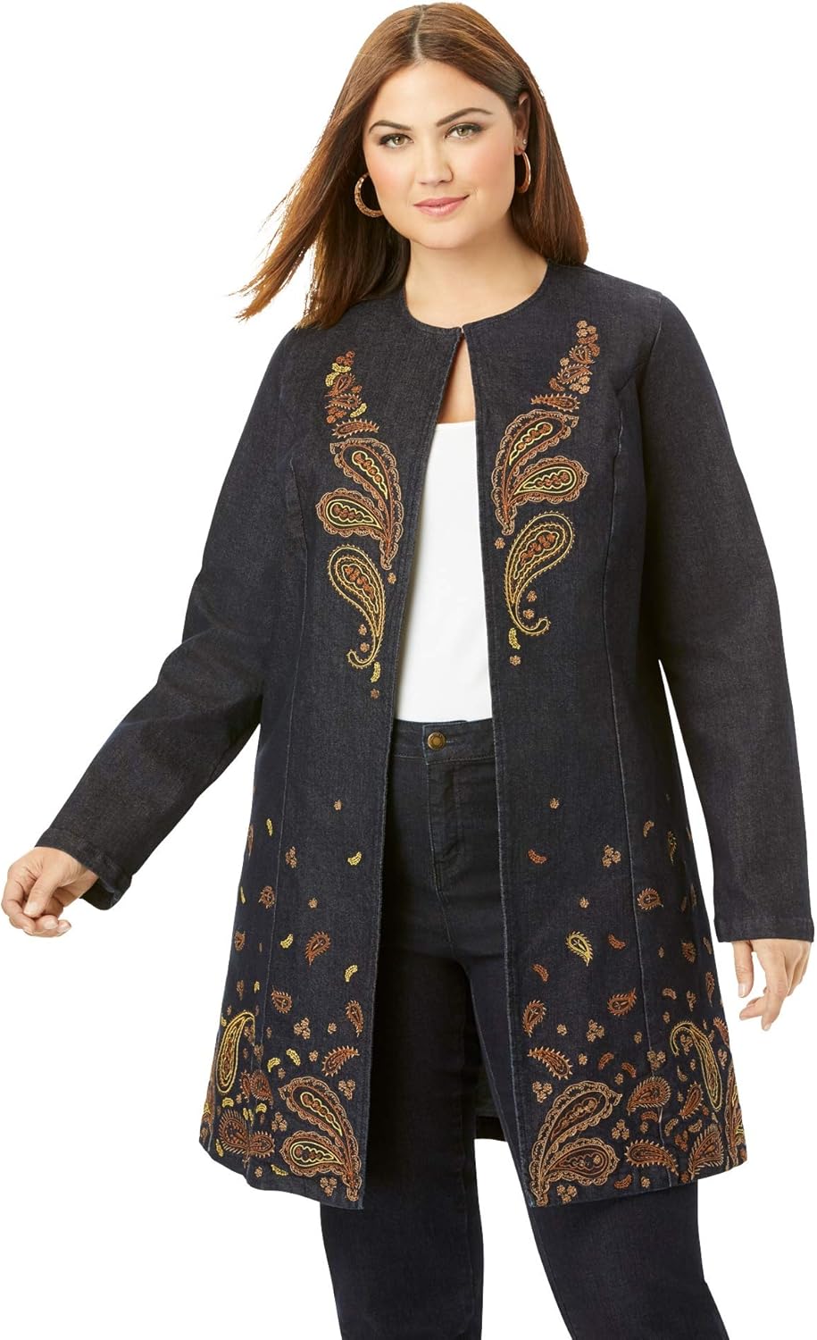 Jessica London Women's Plus Size Denim Topper Long Collarless Jean ...