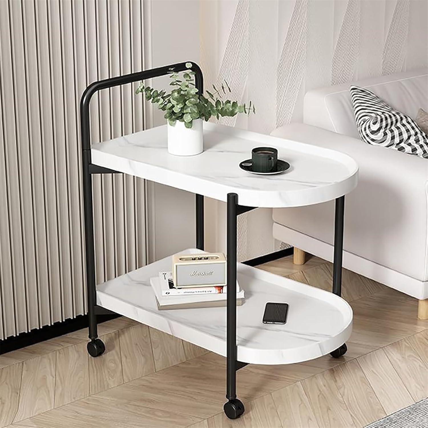 Amazon.com: 2-Tier Round Side Table with Wheels, Rolling TV Tray ...