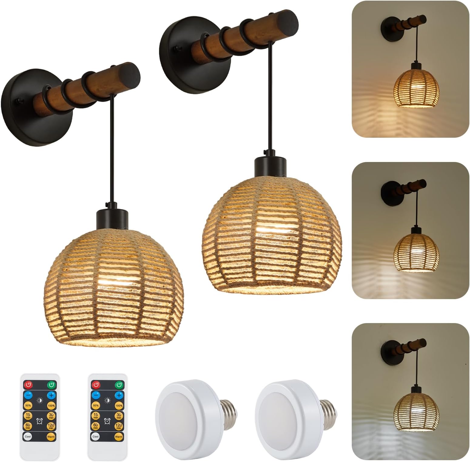 SGLfarmty Battery Operated Wall Sconces Set of 2, Farmhouse Hemp Rope ...