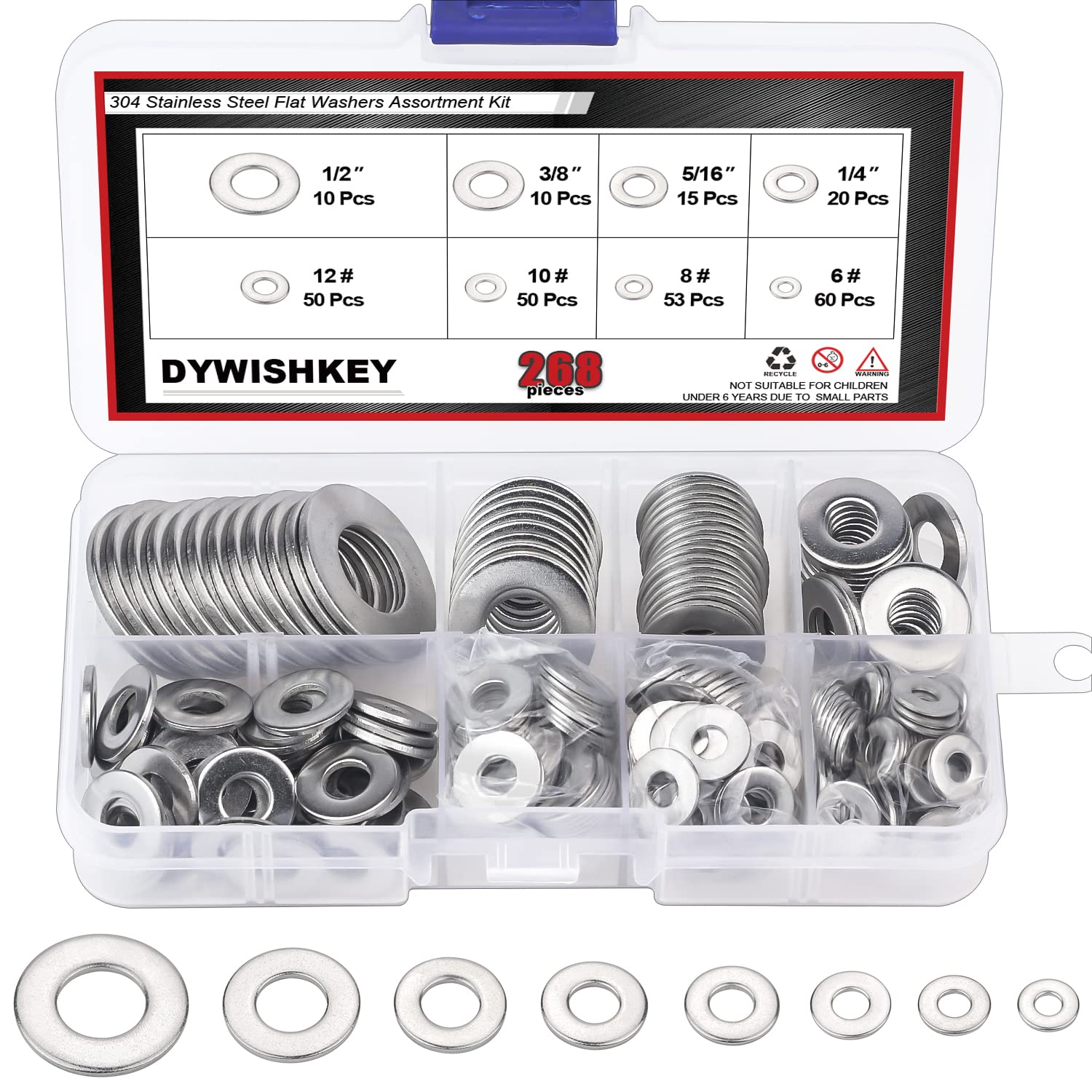DYWISHKEY 268PCS 8 Sizes Flat Washers Assortment Kit, 1/2 3/8 5/16 1/4 ...