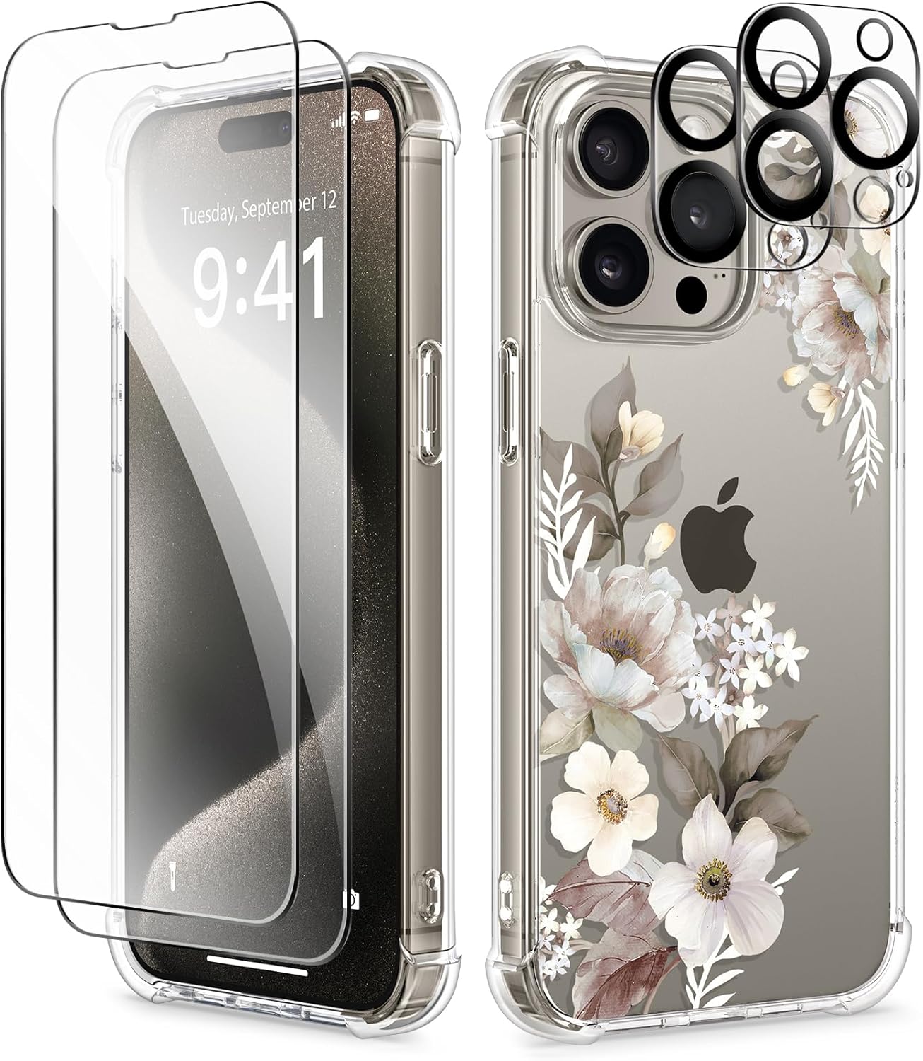 Amazon.com: GVIEWIN for iPhone 15 Pro Max Case Floral,with 2X Screen Protector & 2X Camera Lens ...