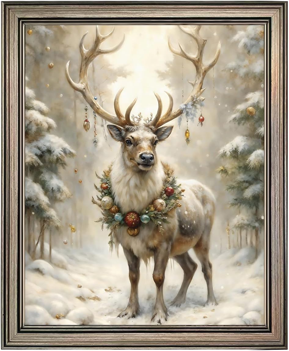 Amazon.com: Vintage Framed Reindeer Wall Art Christmas Print Painting ...