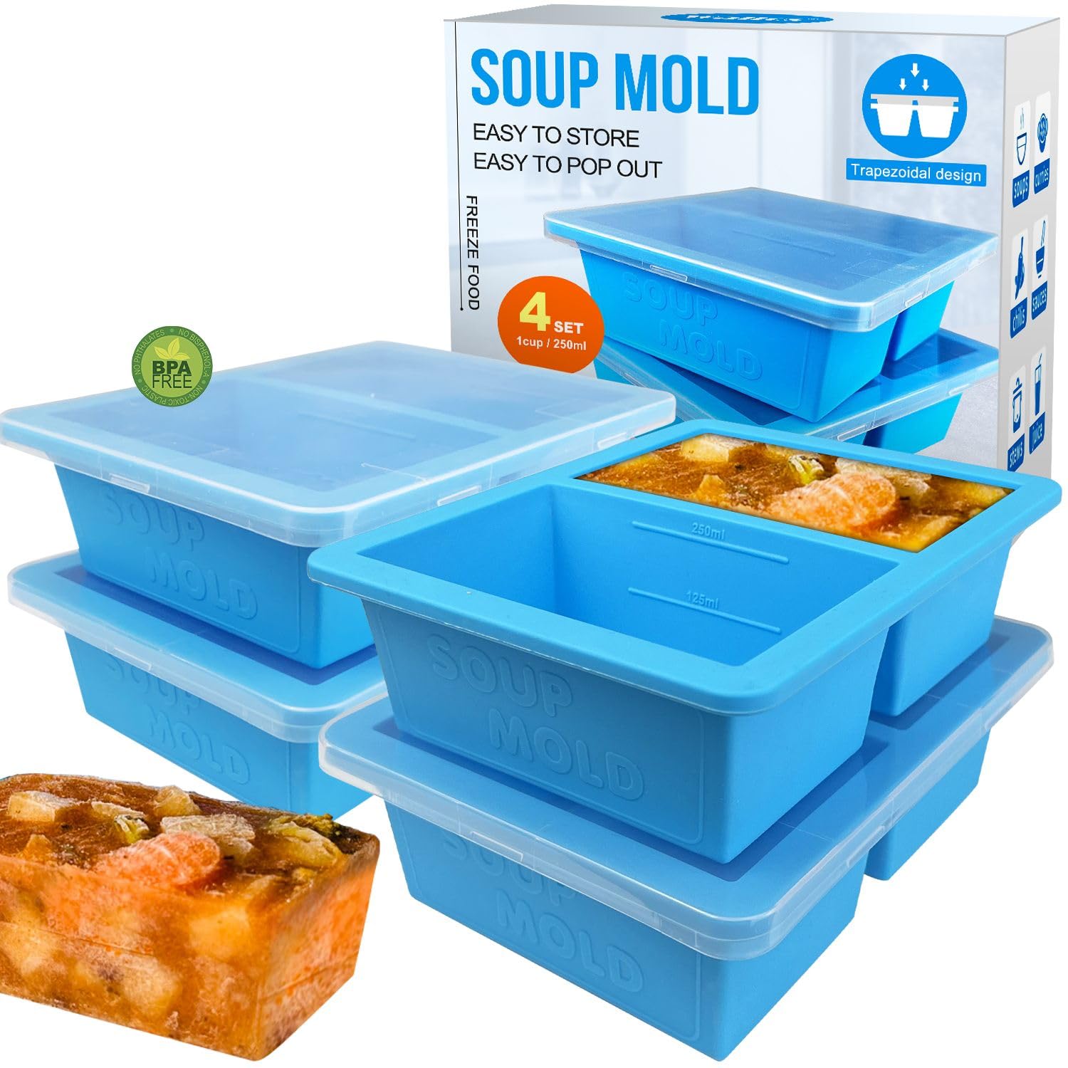 Walfos Silicone Soup Freezer Containers with Lid, Extra-Large 1-Cup ...