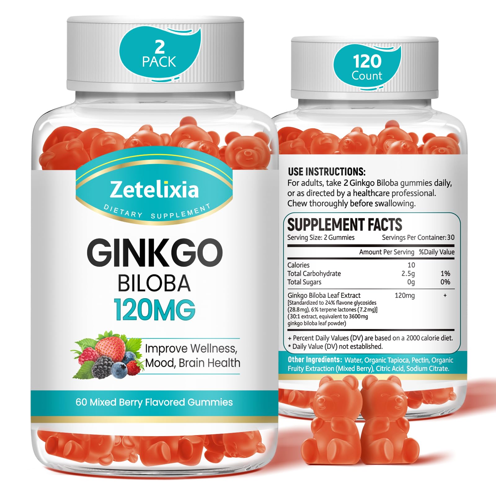 Amazon.com: 2 Pack Ginkgo Biloba Gummies 120 mg for Women and Men ...