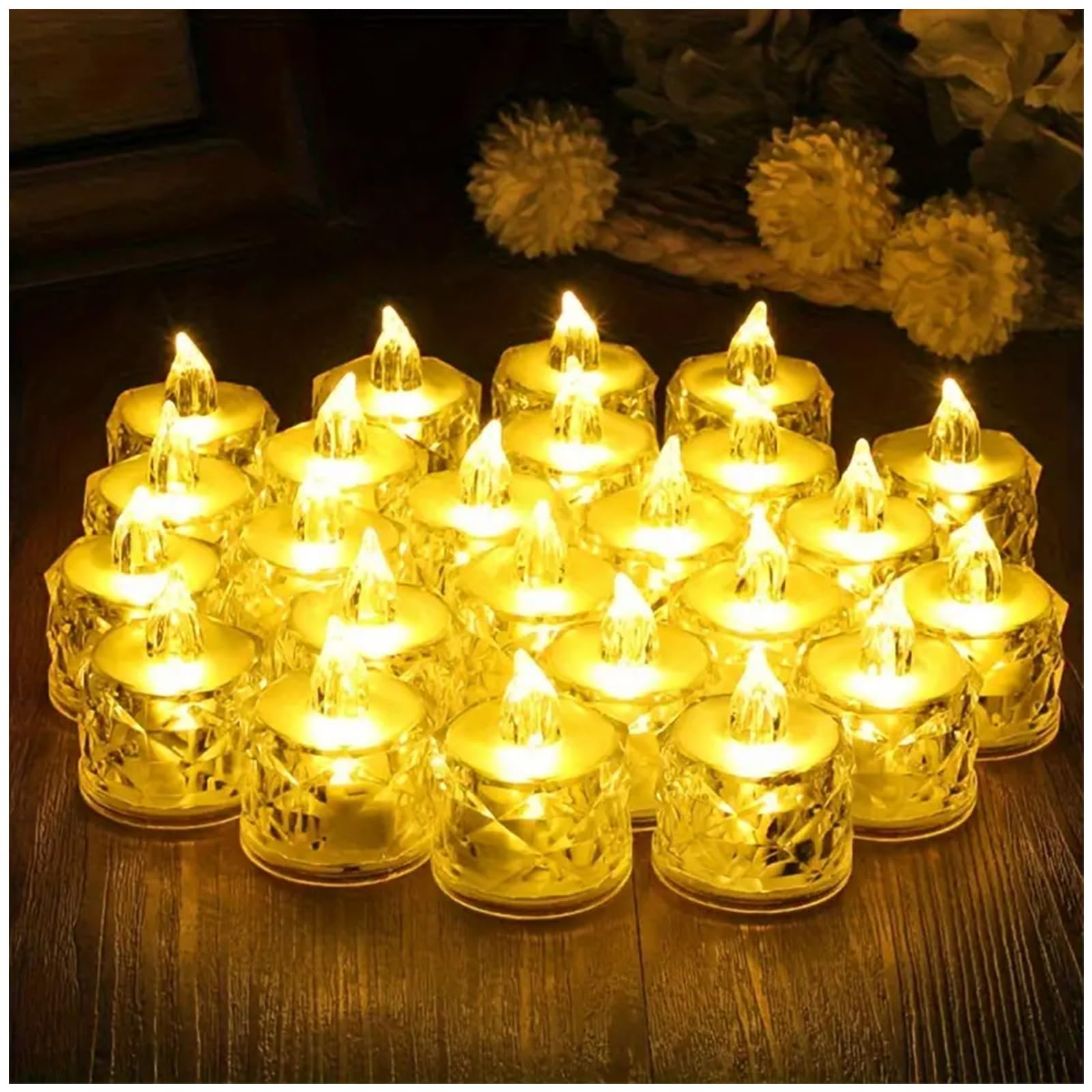 24 Pcs LED Tea Light Candles, Transparent Rhombus Crystal Warm Lights ...