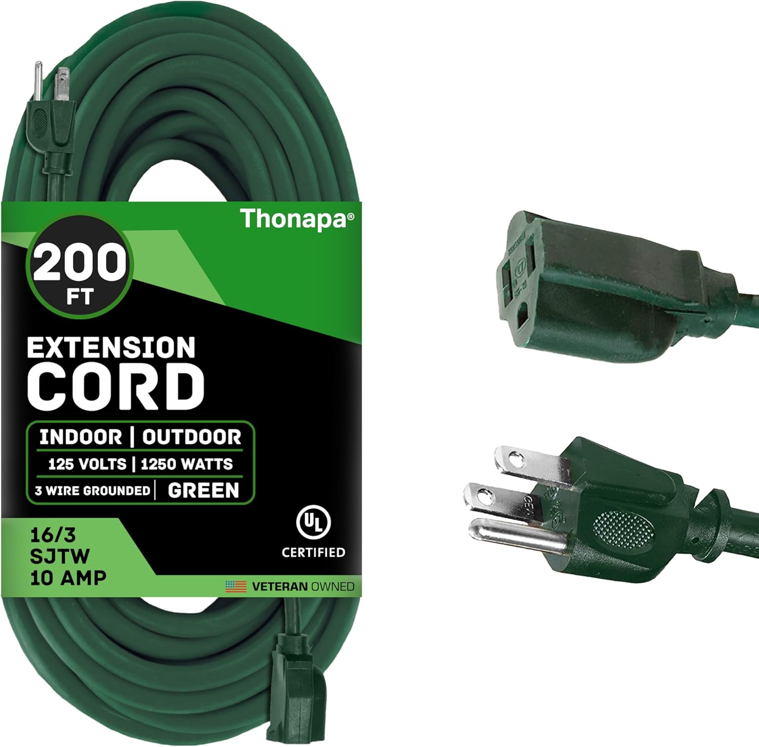 Thonapa Green Outdoor Extension Cord 200 FT- 16/3 SJTW Weatherproof ...