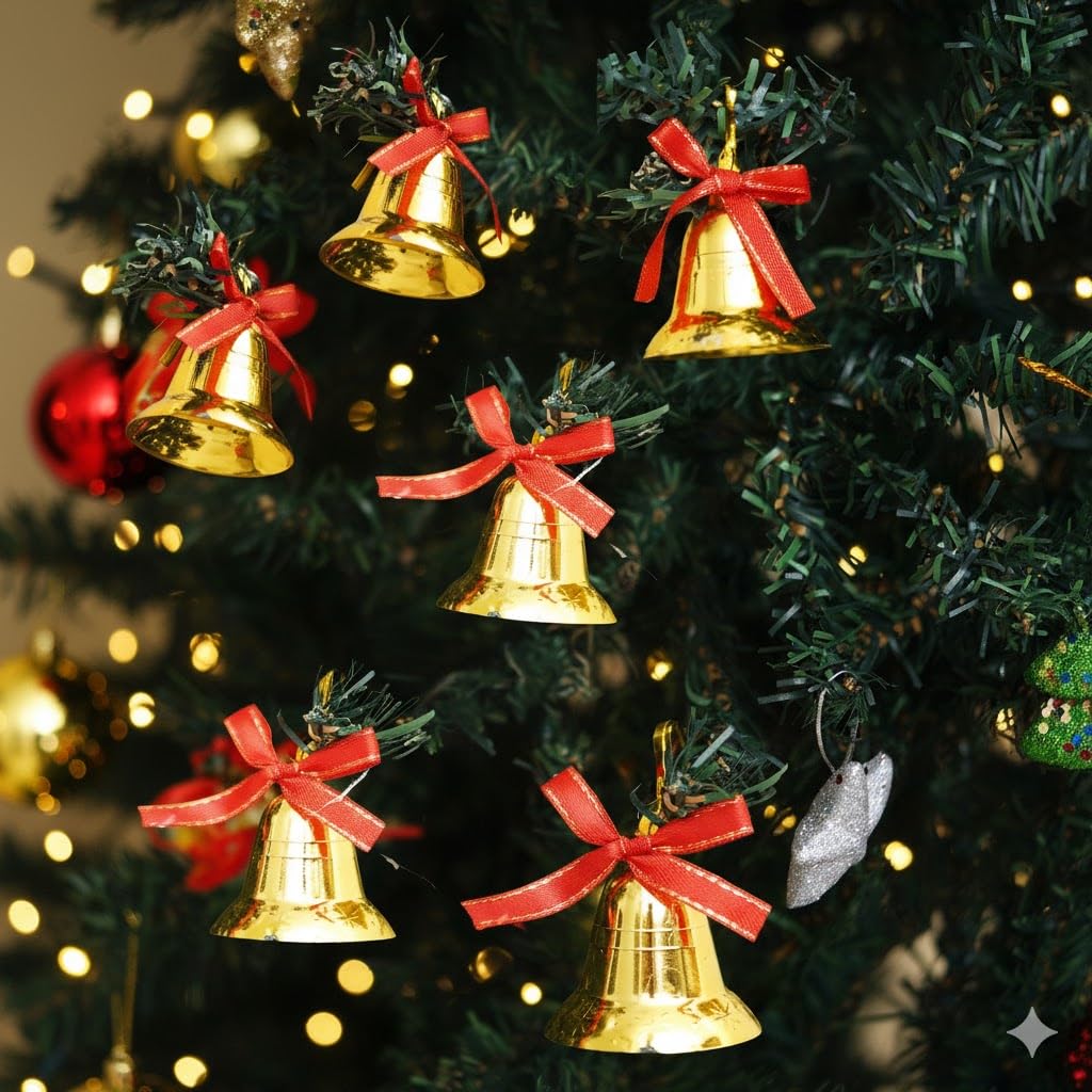 eCraftIndia Christmas Bells Golden Jingle Bells with Red Ribbon (Pack ...
