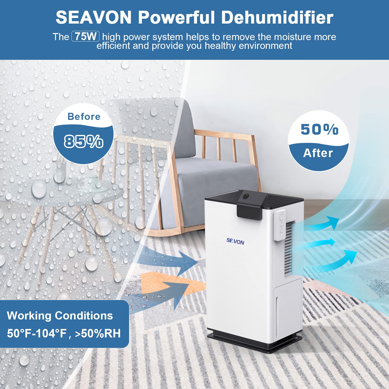 SEAVON 68oz Dehumidifiers for Home with Remote Controller, Ultra Quiet ...