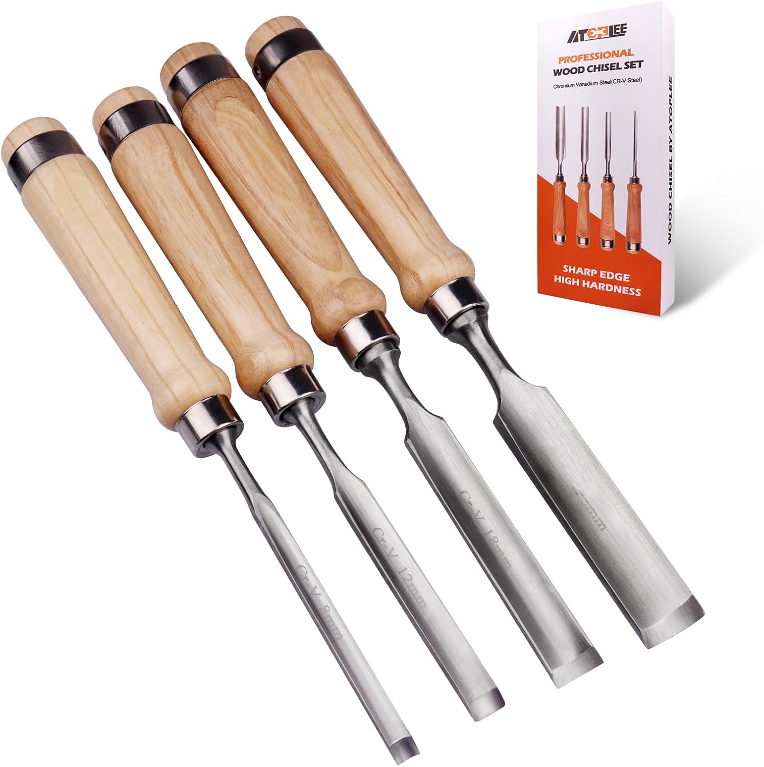 ATOPLEE 4PCS Wood Chisel Set,Curved Inner Bevel Woodworking Chisel Chrome Vanadium Steel 5/16",1 ...