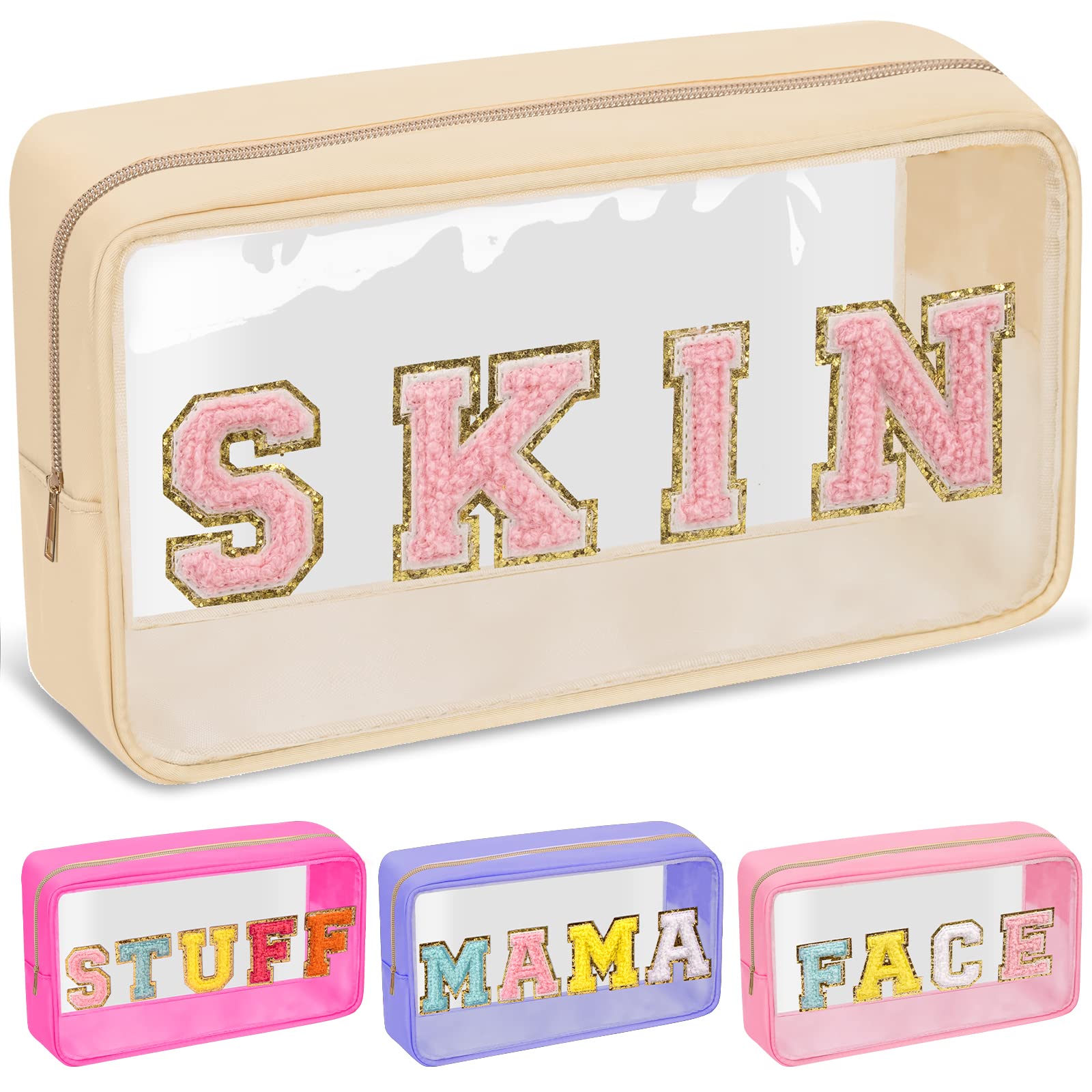 Amazon.com: Chenille Letter Clear Makeup Bags Skin Pouch, Preppy Patch ...