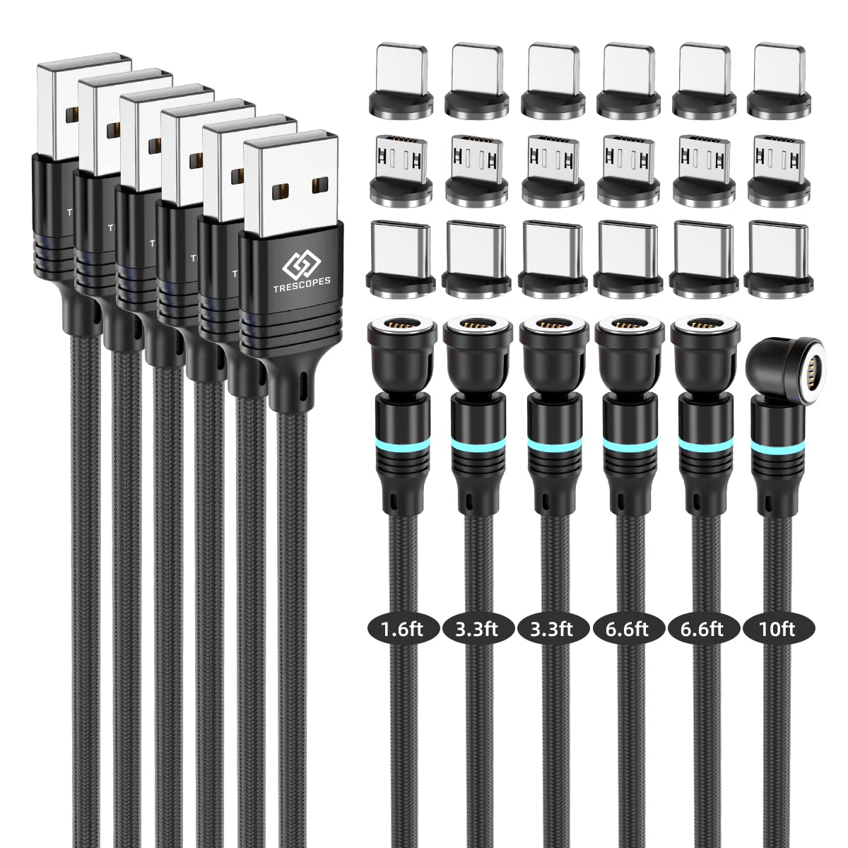 Trescopes Magnetic Fast Charging Cable [6 Pack] 540° Rotating Heads ...