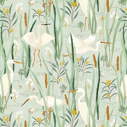 Ismoon Green Wallpaper Peel and Stick Cranes Egret Wall Paper Light ...