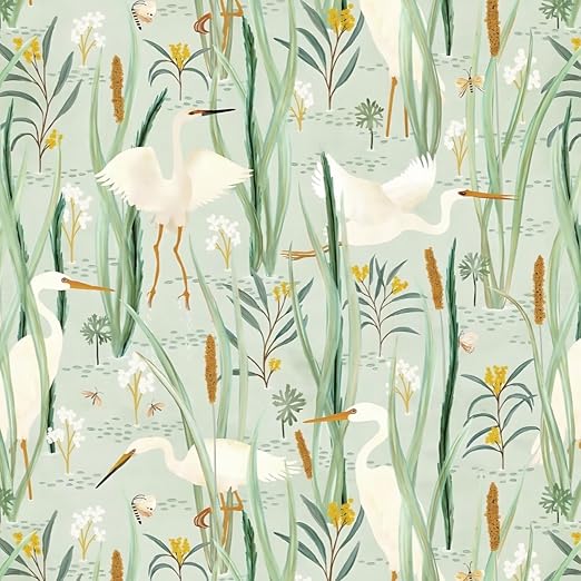 Ismoon Green Wallpaper Peel and Stick Cranes Egret Wall Paper Light ...