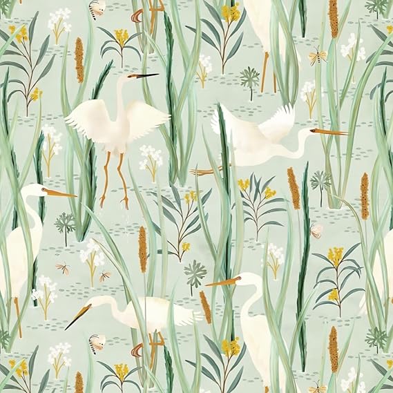 Ismoon Green Wallpaper Peel and Stick Cranes Egret Wall Paper Light ...