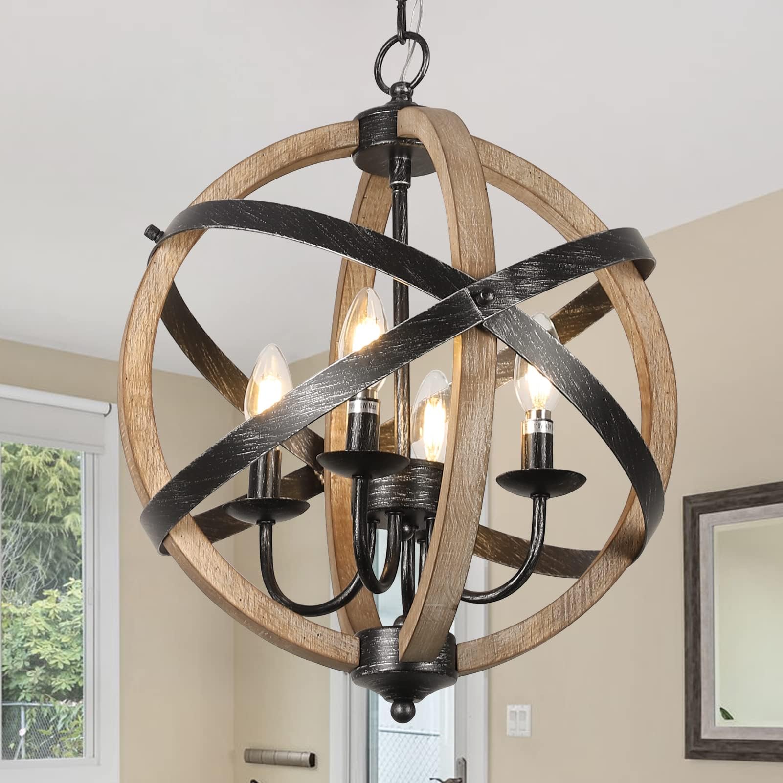 MSTETO 4-Light Farmhouse Wood Chandelier, Rustic Globe Dining Room ...