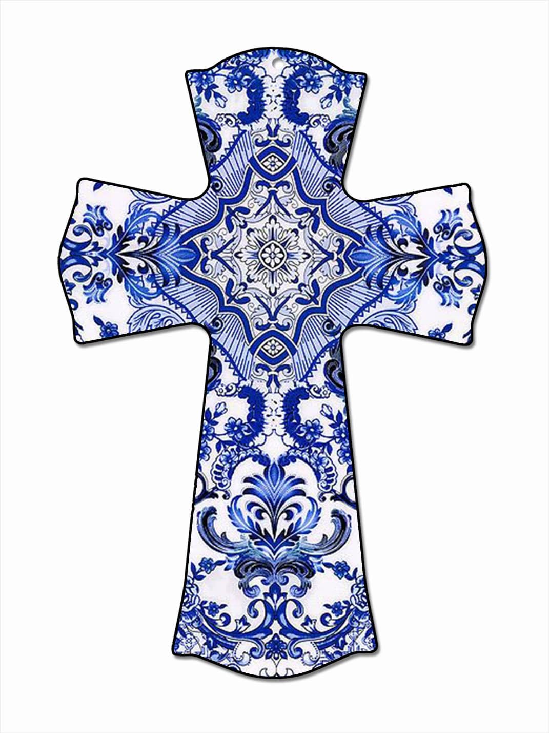 Amazon.com: CALUOHO Wood Cross Blue Hand Painted Floral Ceramic Wall ...