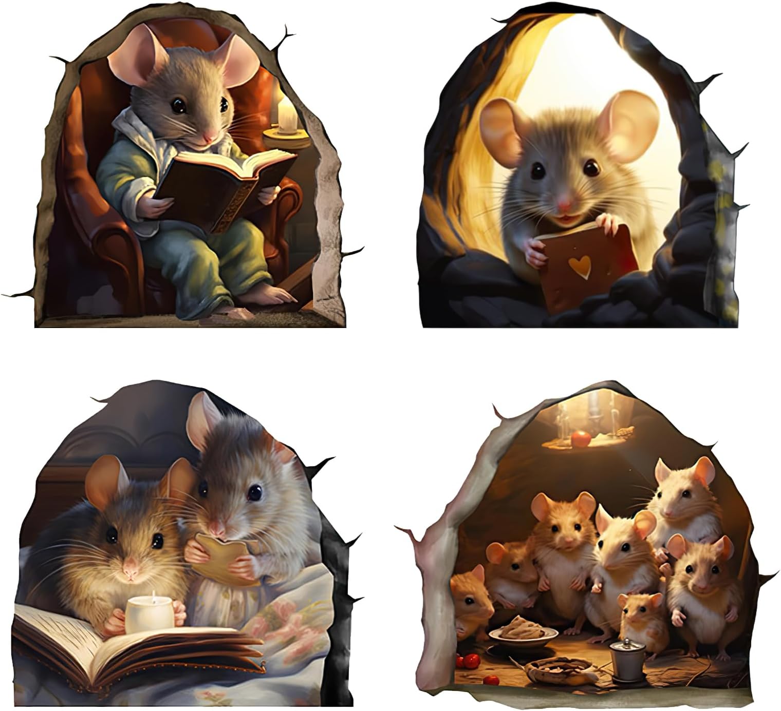 Amazon.com: 3Pcs 3D Mouse Hole Wall Stickers,Mouse Reading Book in Wall ...