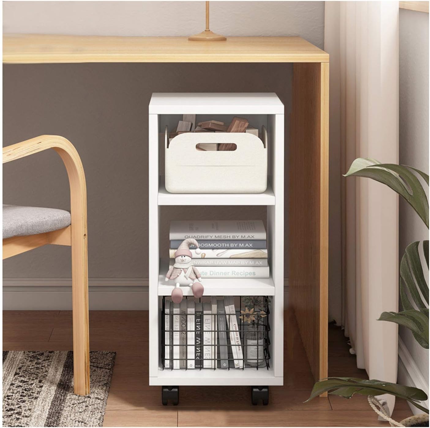Wood Book Cart Rolling Storage Organizer with Wheels Open Wood Shelving ...