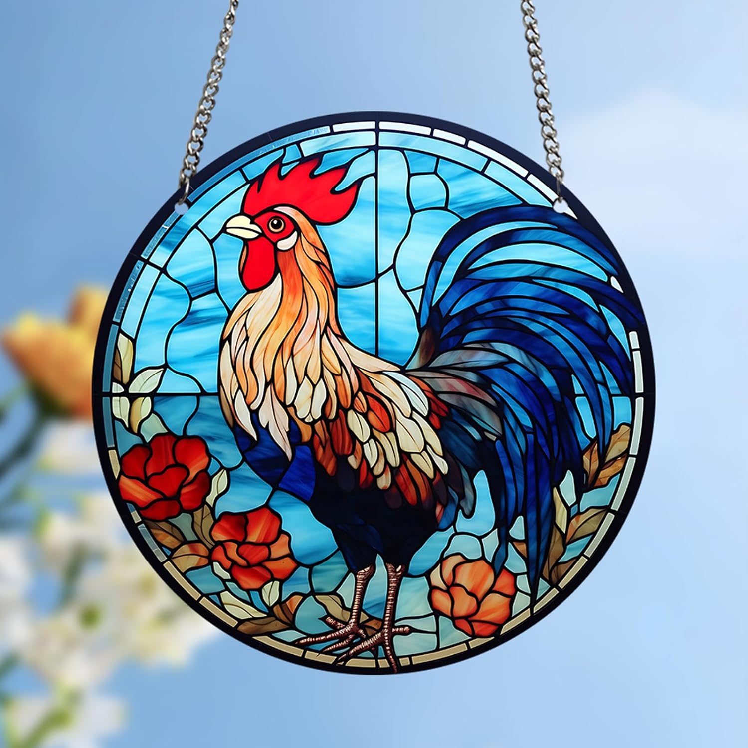 Amazon.com: HOTIYOK Roosters Acrylic Window Hangings Blue Theme Stained ...