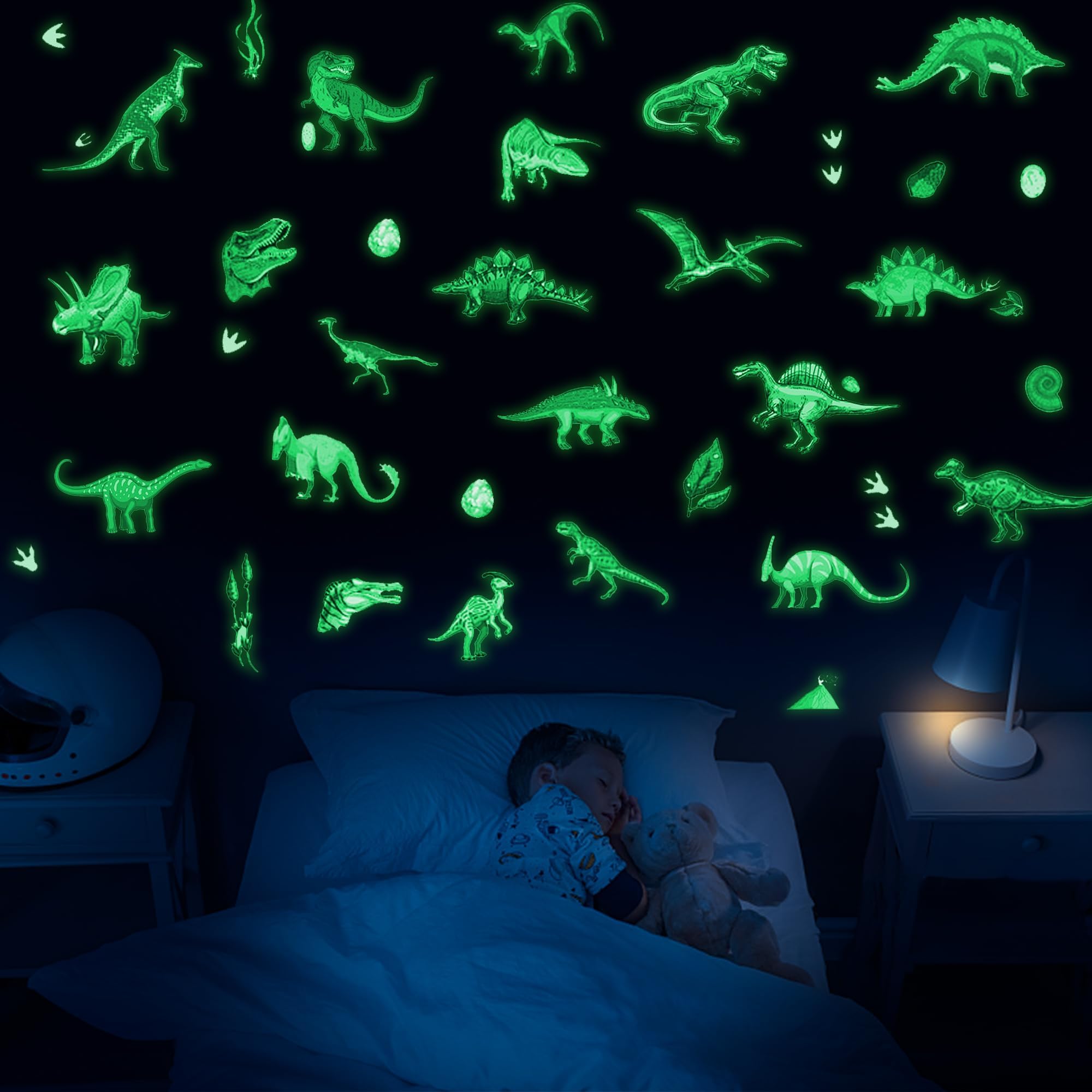 Warmshine 45 Pack Dinosaurs Luminous Wall Stickers 3D Dinosaur Glow in ...