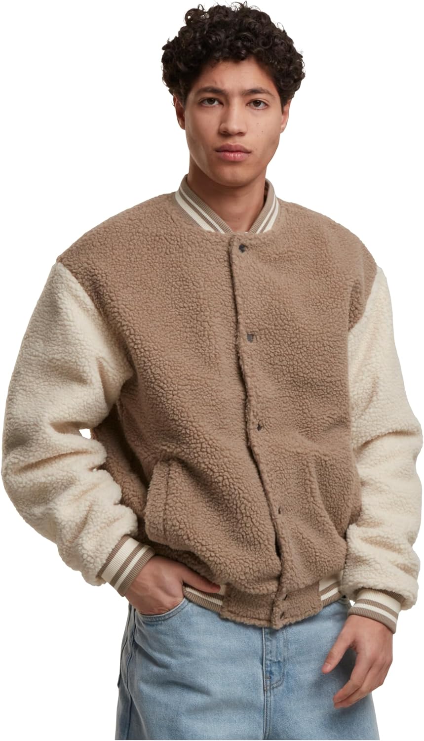 Urban Classics Herren Übergangsjacke Teddy College Jacket, lässige College-Jacke mit Teddyfell ...