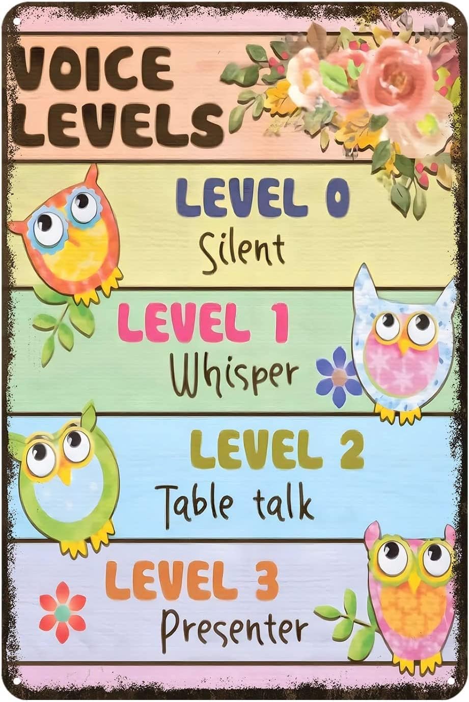 Amazon.com: Rustic Tin Signs Metal Sign Owls Voice Levels Silent ...