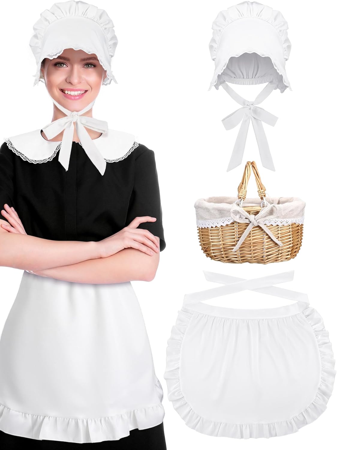 Amazon.com: Jeyiour 3 Pieces Halloween Colonial Costume Women Pilgrim ...