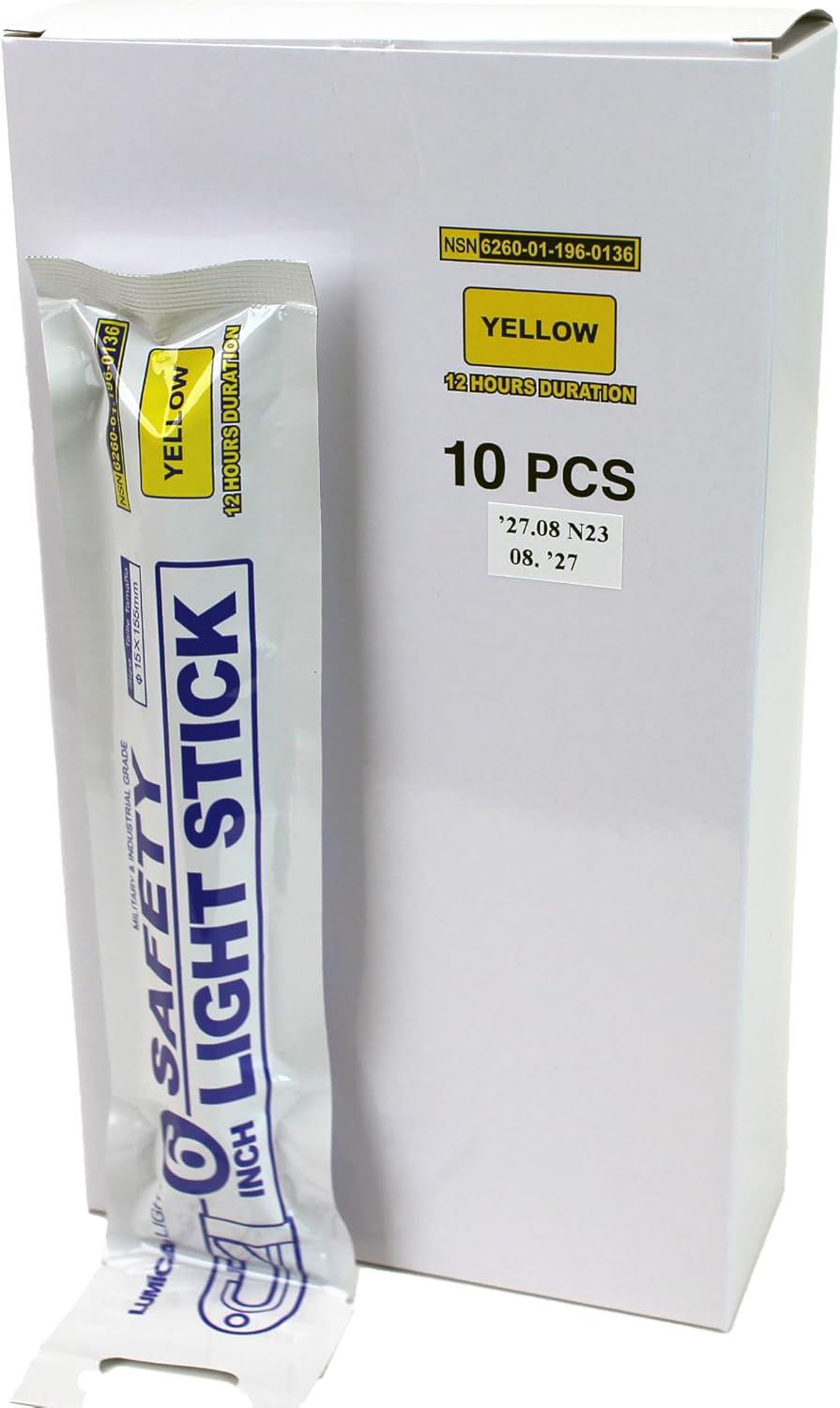 10 x 6" Military Grade Safety Light Sticks - Yellow - 12 Hour Glow ...