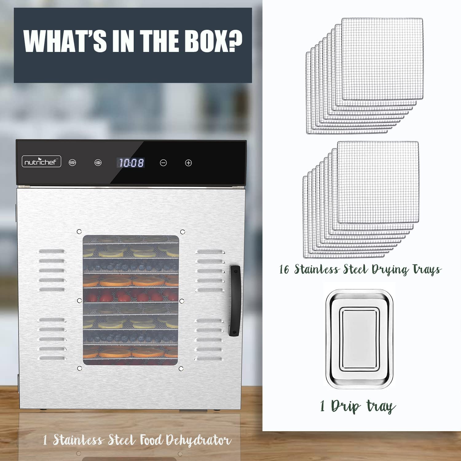 NutriChef Premium Food Dehydrator Machine - 1500 Watts 16 Shelf ...