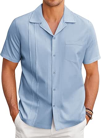 COOFANDY Mens Cuban Guayabera Shirt Short Sleeve Button Down Shirts Casual Summer Linen Shirts ...