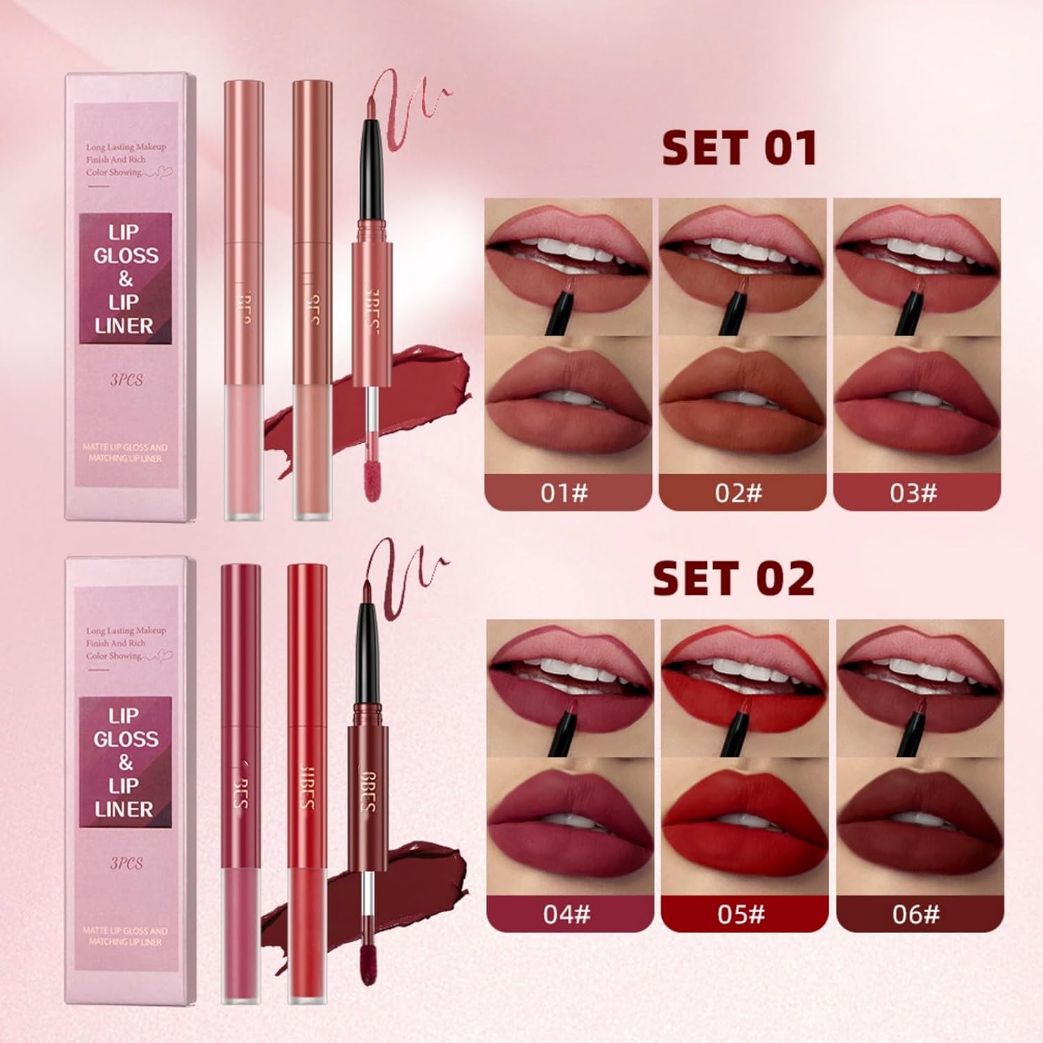 Kit de 3 lápices labiales líquidos mate y delineador de labios 2 en 1, juego de brillo labial ...