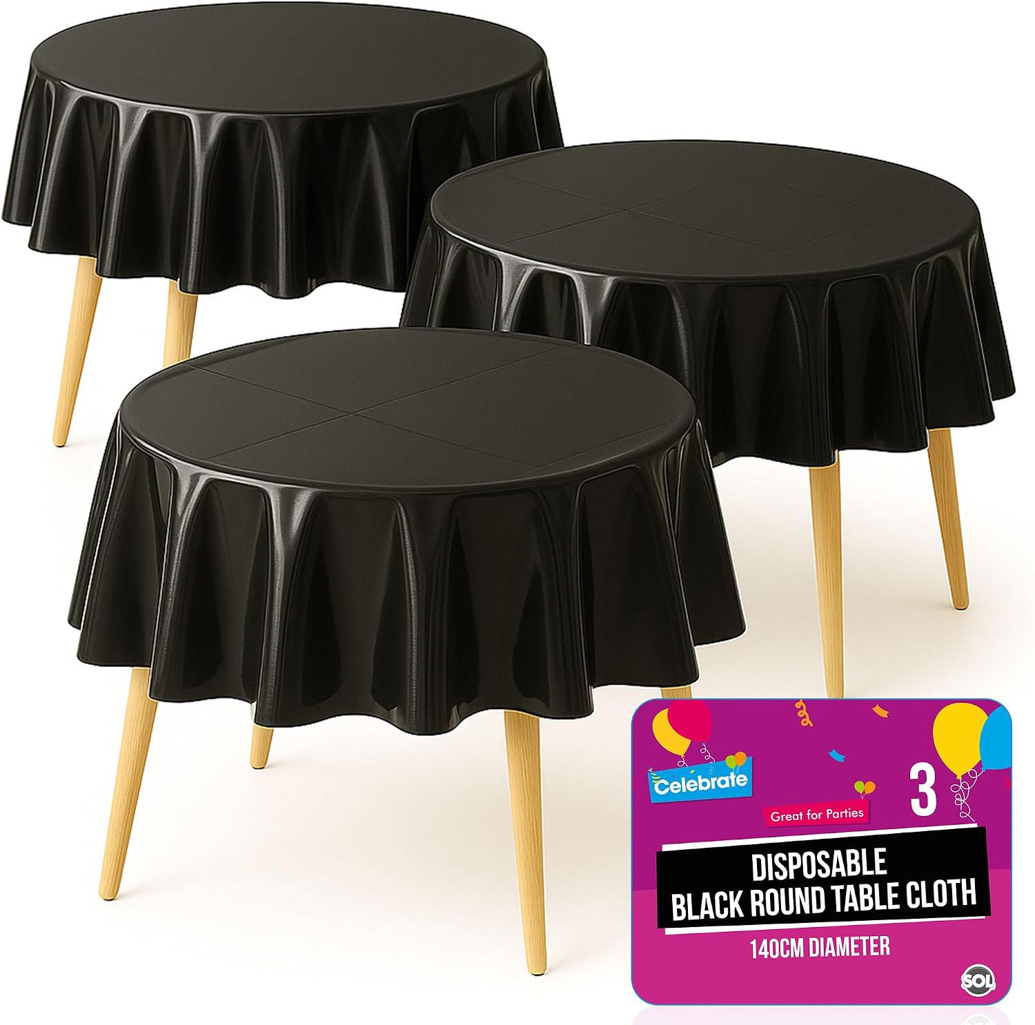 SOL 3pk Black Round Table Cloth Disposable 140cm Party Tablecloths for ...