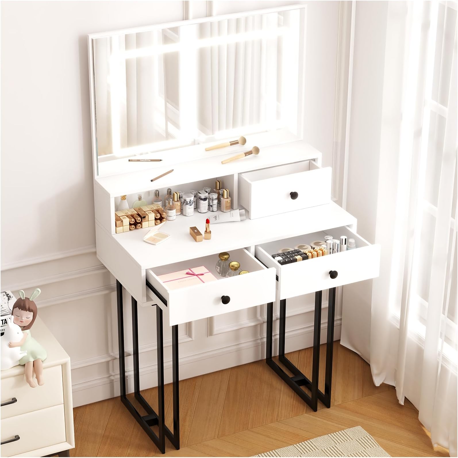 Amazon.com: Vabches White Vanity Desk with Led Mirror&Charging Station ...