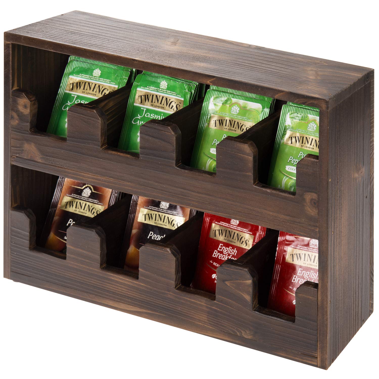 MyGift Rustic Solid Burnt Wood Tea Box with 8 Compartments, Countertop ...