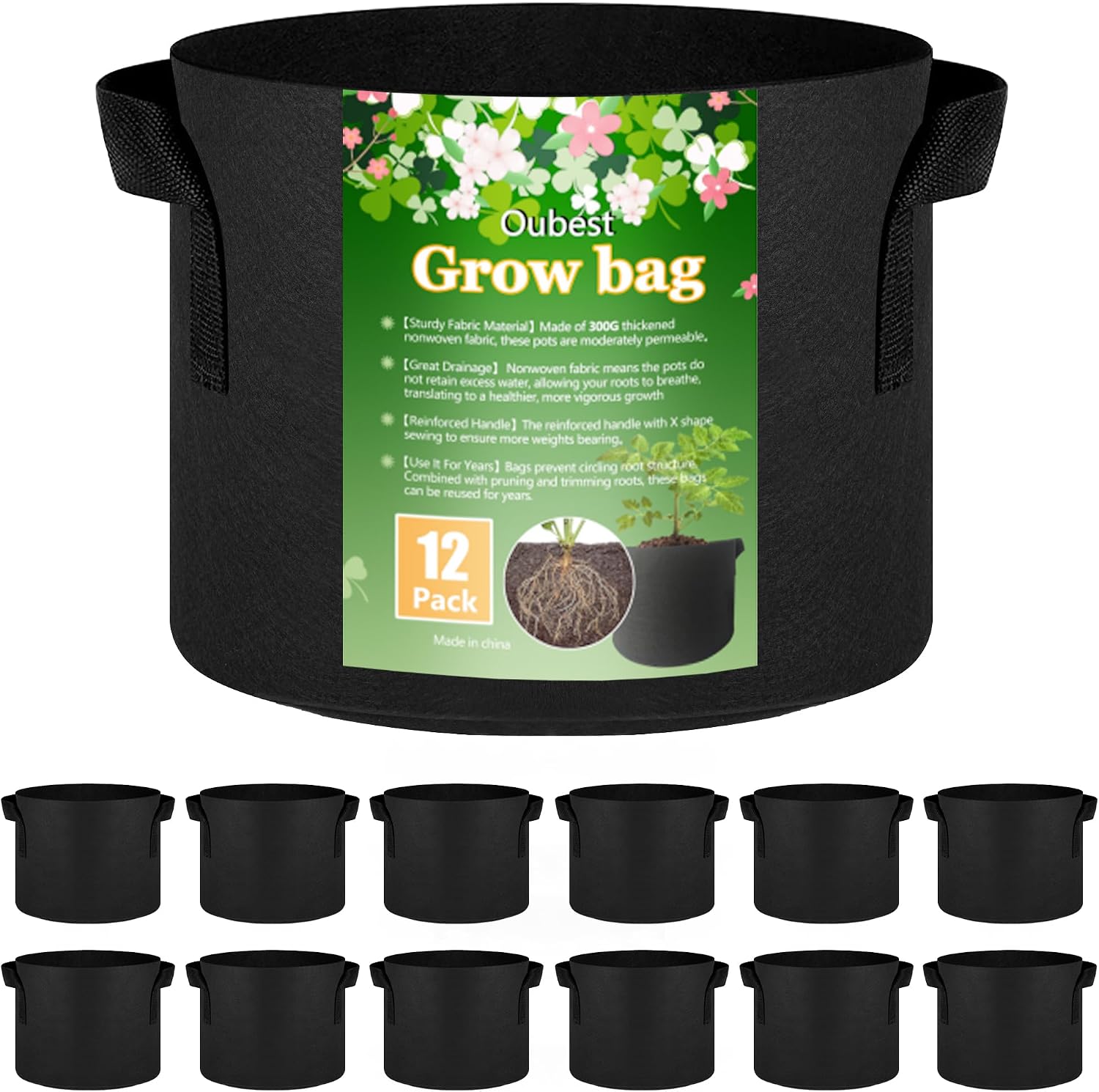 Amazon.com : Oubest 12 Pack 3 Gallon Grow Bags Heavy Duty Thickened ...