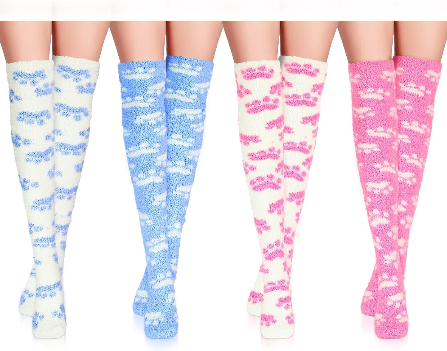 4 Pairs Women's Long Paw Socks Thigh High Fuzzy Socks Over Knee ...