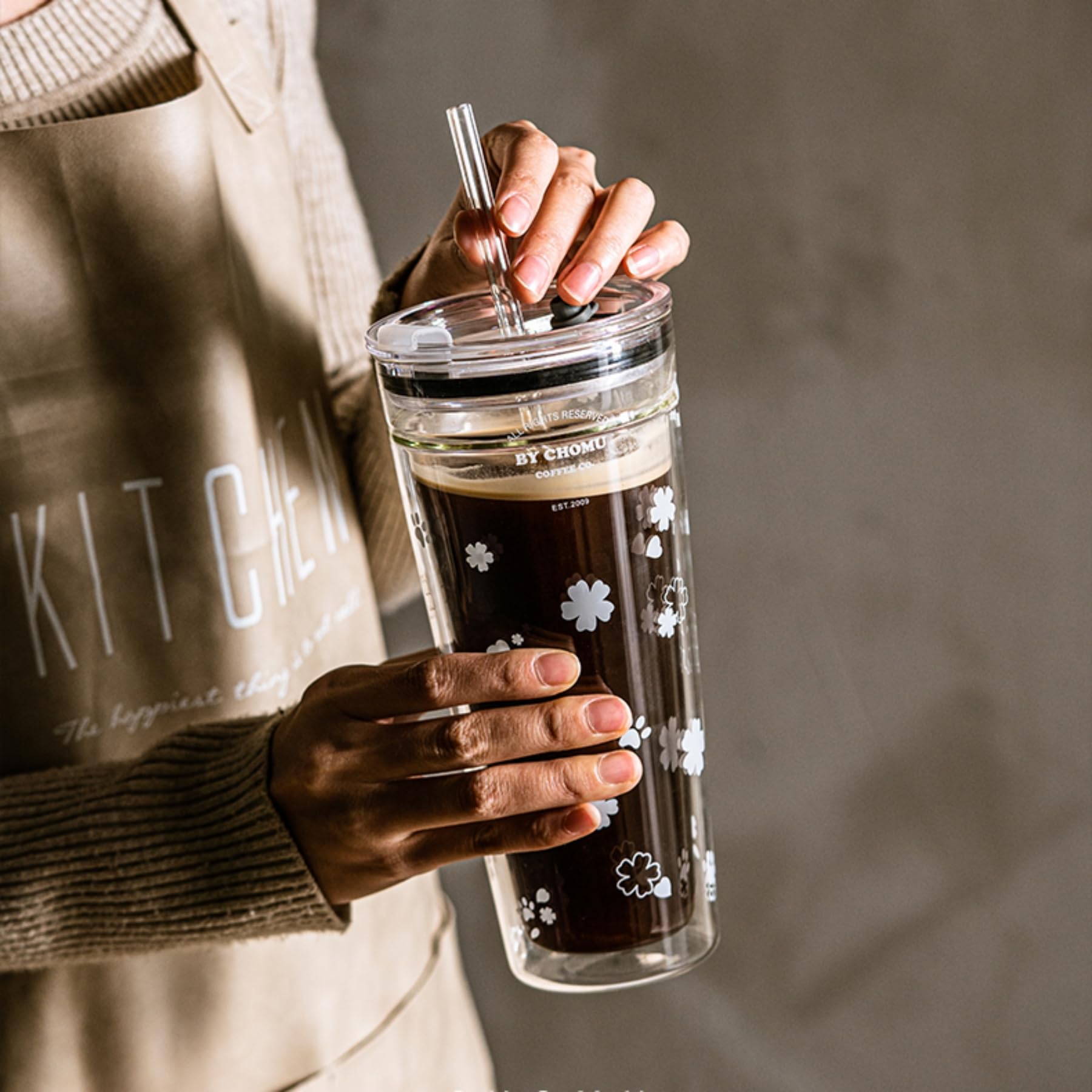 Amazon | FLYILIA タンブラーグラス ダブルウォールグラス タンブラー 蓋付き ストロー付き 真空断熱 耐熱 耐冷 ストローブラシ付き 二重グラス 二層コップ ガラスコップ ...