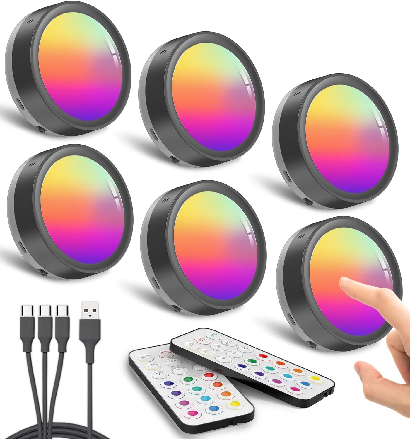 Colour Changing Rechargeable Puck Lights, 1600mAh Battery Push Button ...