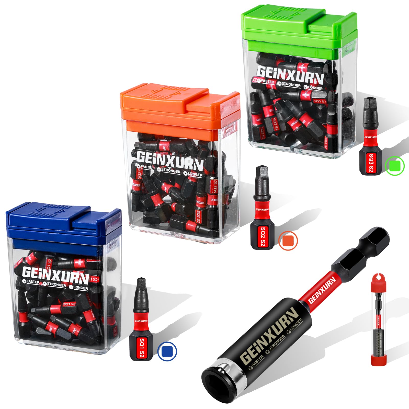 Geinxurn Impact Square Screwdriver Bits Set,90 Pcs 1" Magnetic (SQ1/SQ2 ...