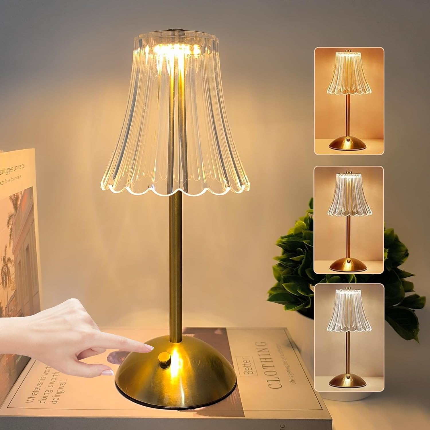 Cordless Lamp, 3 Colors Dimmable Crystal Lamp, Portable LED Small Lamp ...