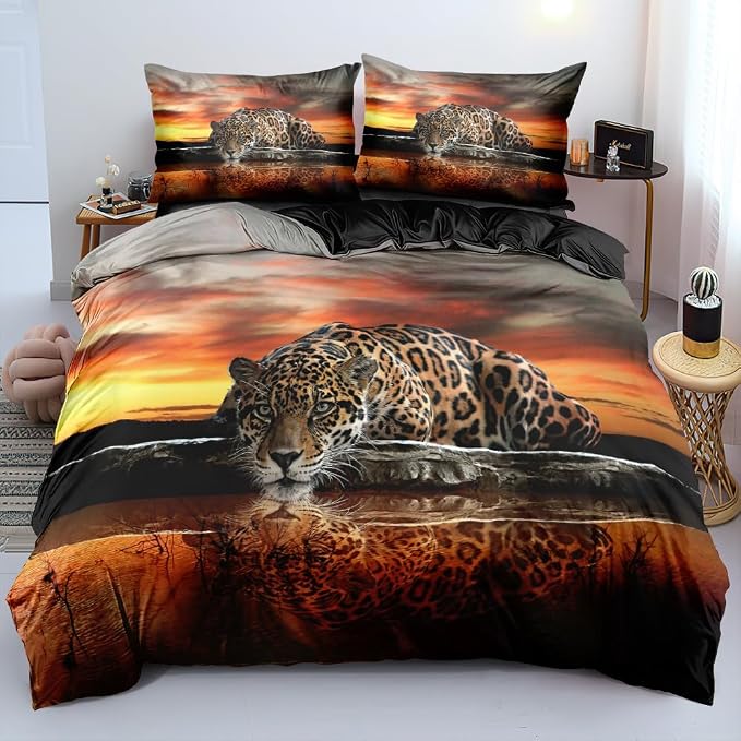 Amazon.com: Holiyjog Sunset Glow and Cheetah Duvet Cover Set Black ...