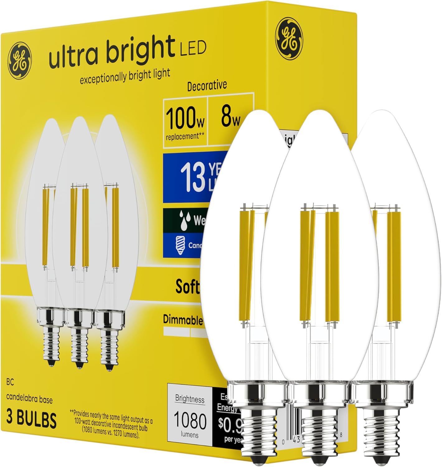 GE Ultra Bright LED Light Bulbs, 100W, Soft White Candle Lights, Clear ...