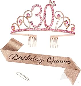 Amazon.com: 30th Birthday Crown for Women, 30th Birthday Queen Sash and ...
