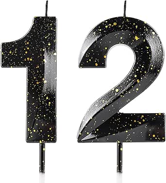 Amazon.com: Number 12 Candles 12th Birthday Candles 3D Black Gold Happy ...
