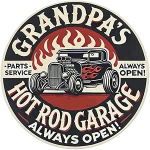 Amazon.com: Grandpa's Hot Rod Garage Tin Sign Vintage Round Metal Sign ...